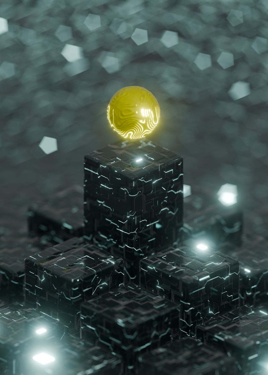 'Abstract 3D Sphere on Cubes with Sci fi Pattern' Poster, picture ...