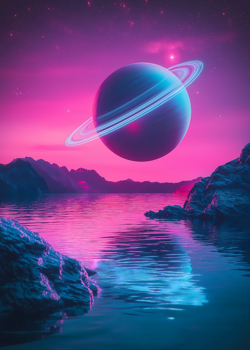'Saturn-like Planet in Pink Sky' Poster, picture, metal print, paint by ...