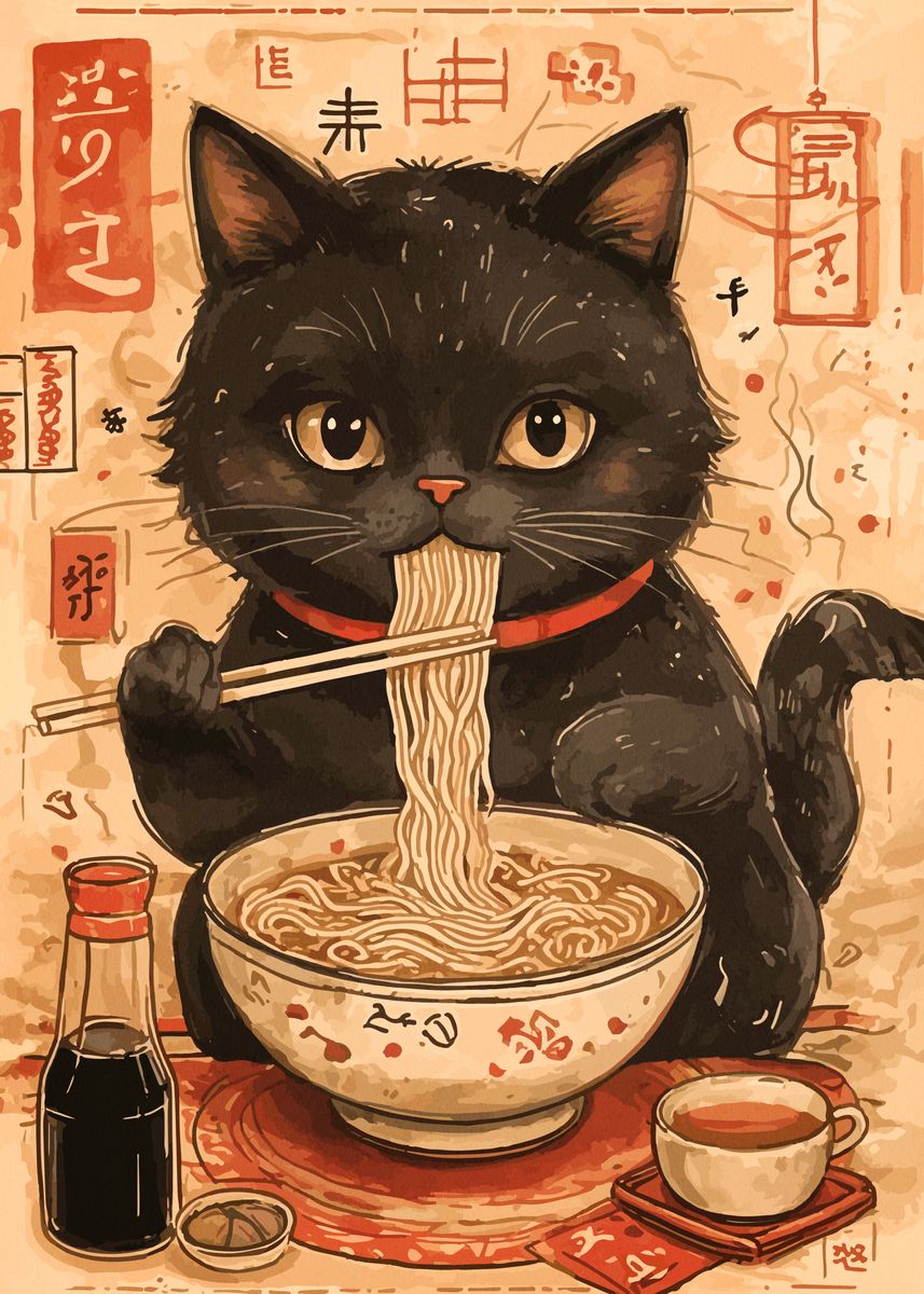 'Black Cat Eating Ramen' Poster, picture, metal print, paint by Sannah ...