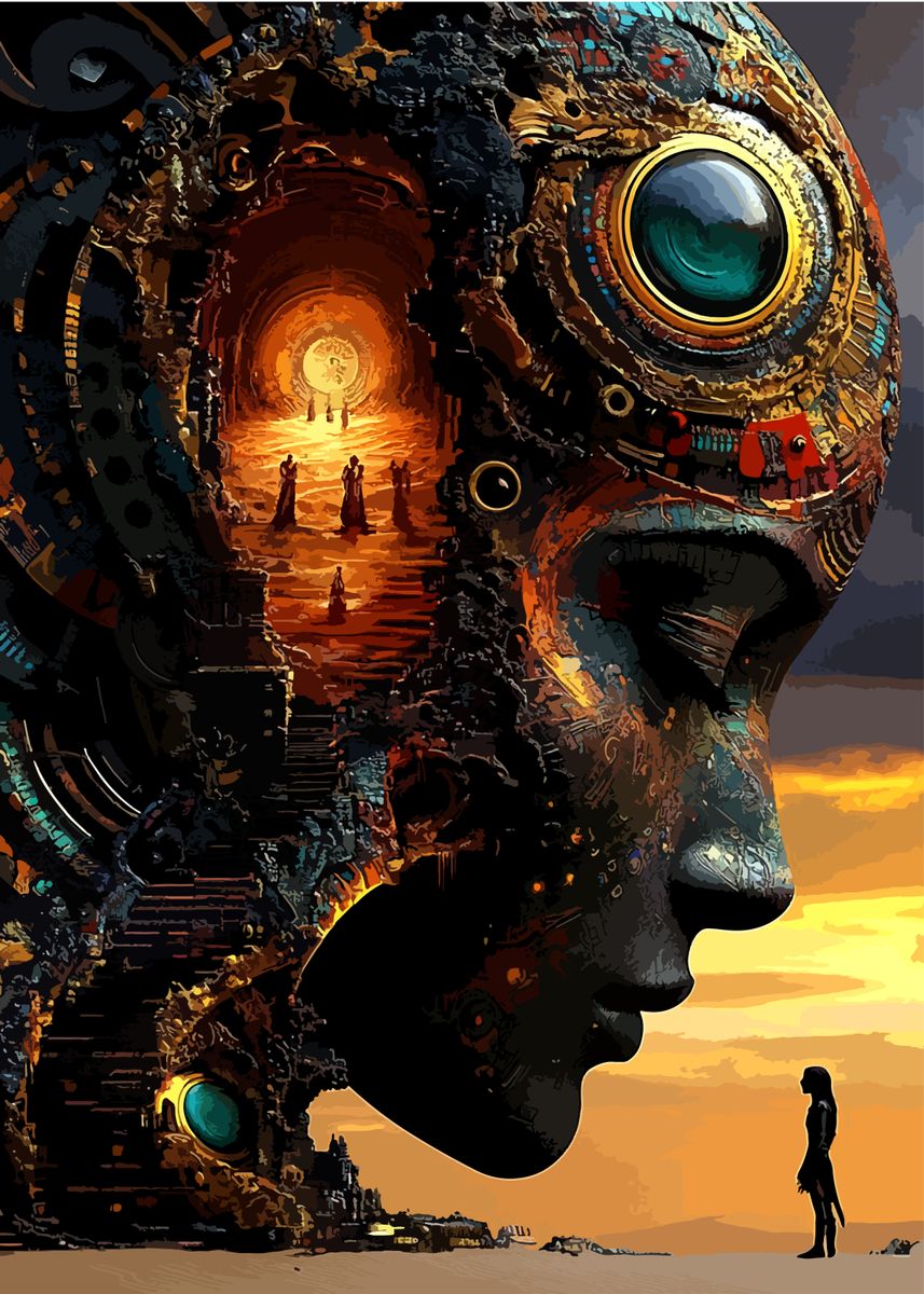 'Cybernetic Head and Figure' Poster, picture, metal print, paint by ...