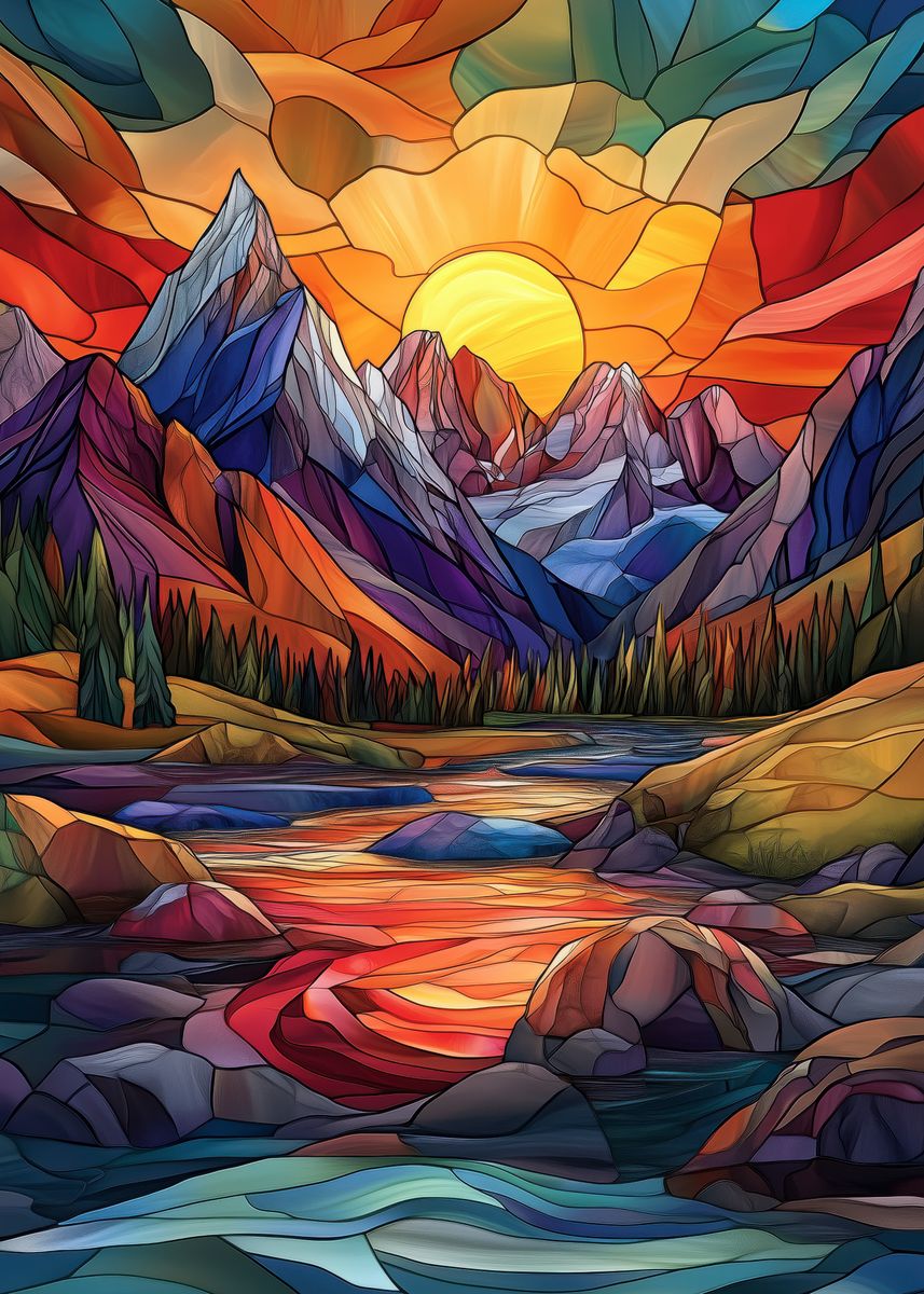 'Stained Glass Mountain Sunset' Poster, picture, metal print, paint by ...