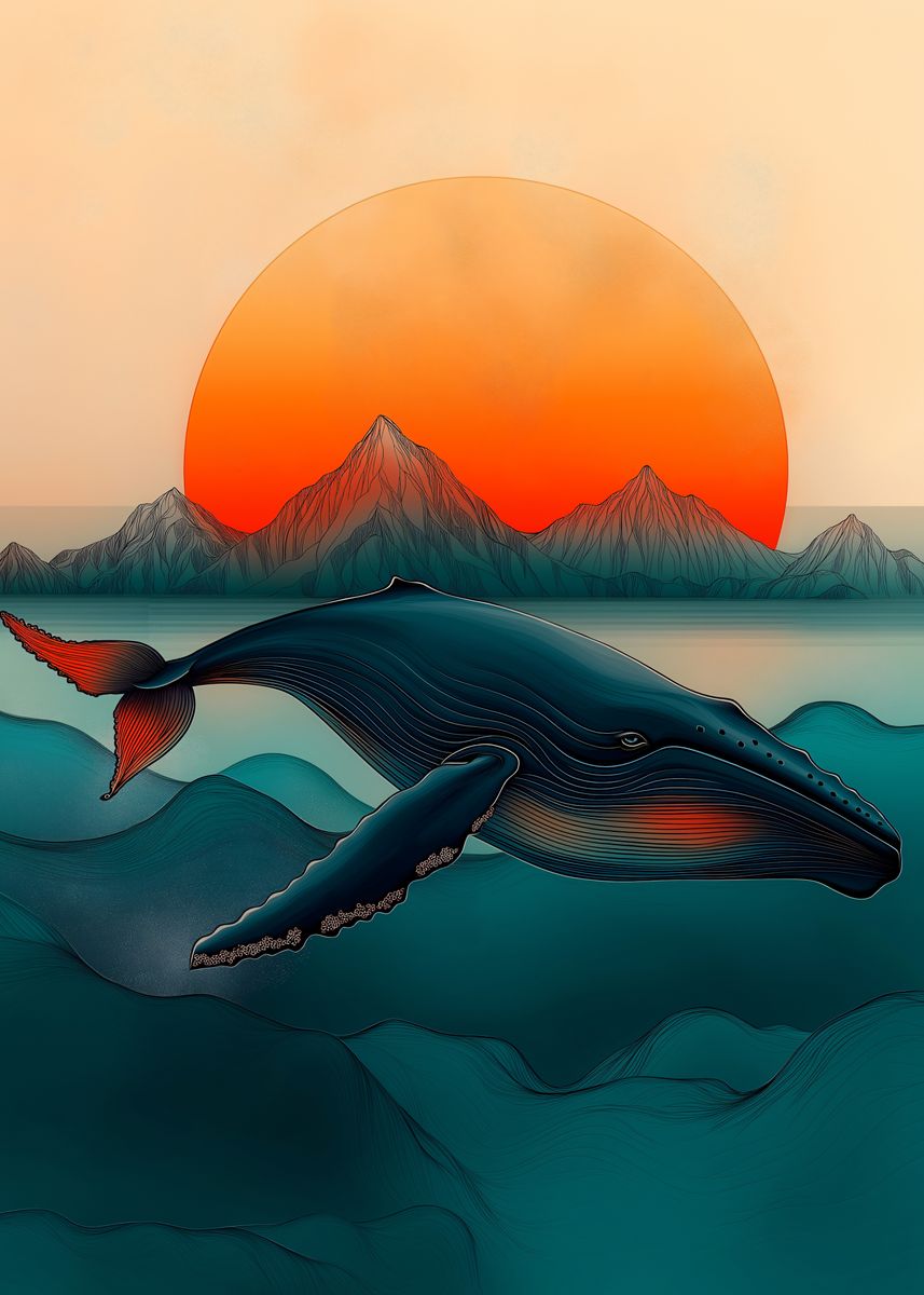 'Whale Sunset' Poster, picture, metal print, paint by Eo Designs | Displate