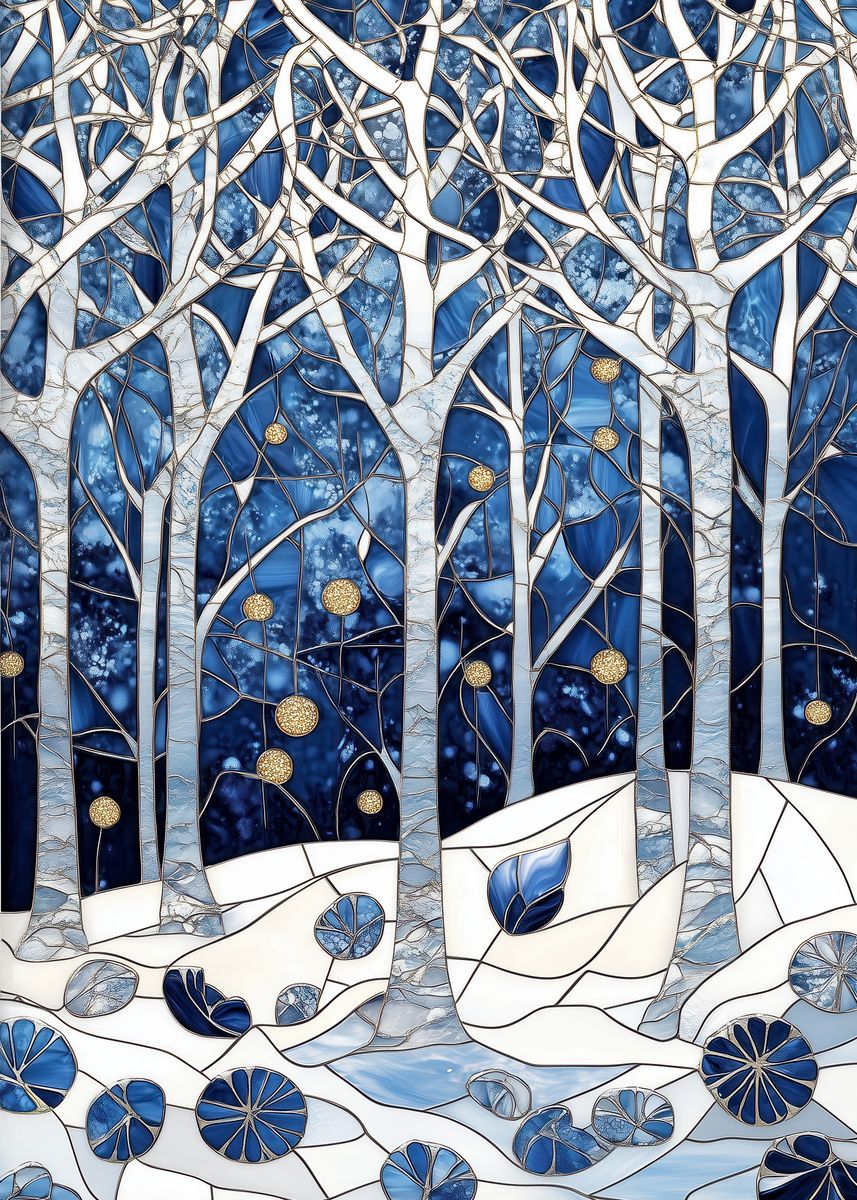 'Stained Glass Blue & Gold Winter Landscape' Poster, picture, metal ...