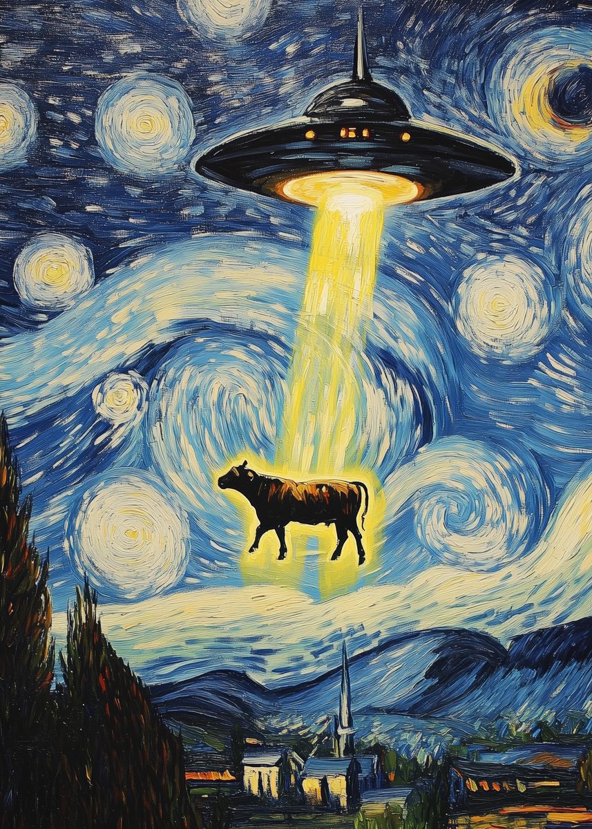 'Cow Abducted by UFO' Poster, picture, metal print, paint by Lorence ...