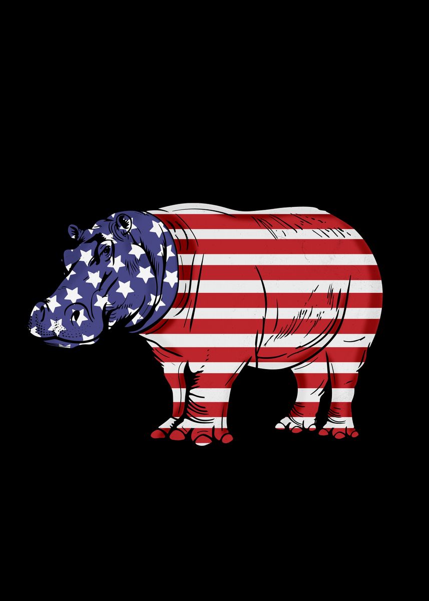 'Hippo Lover USA Flag 4th Of July Hippopotamus' Poster, picture, metal print, paint by ...