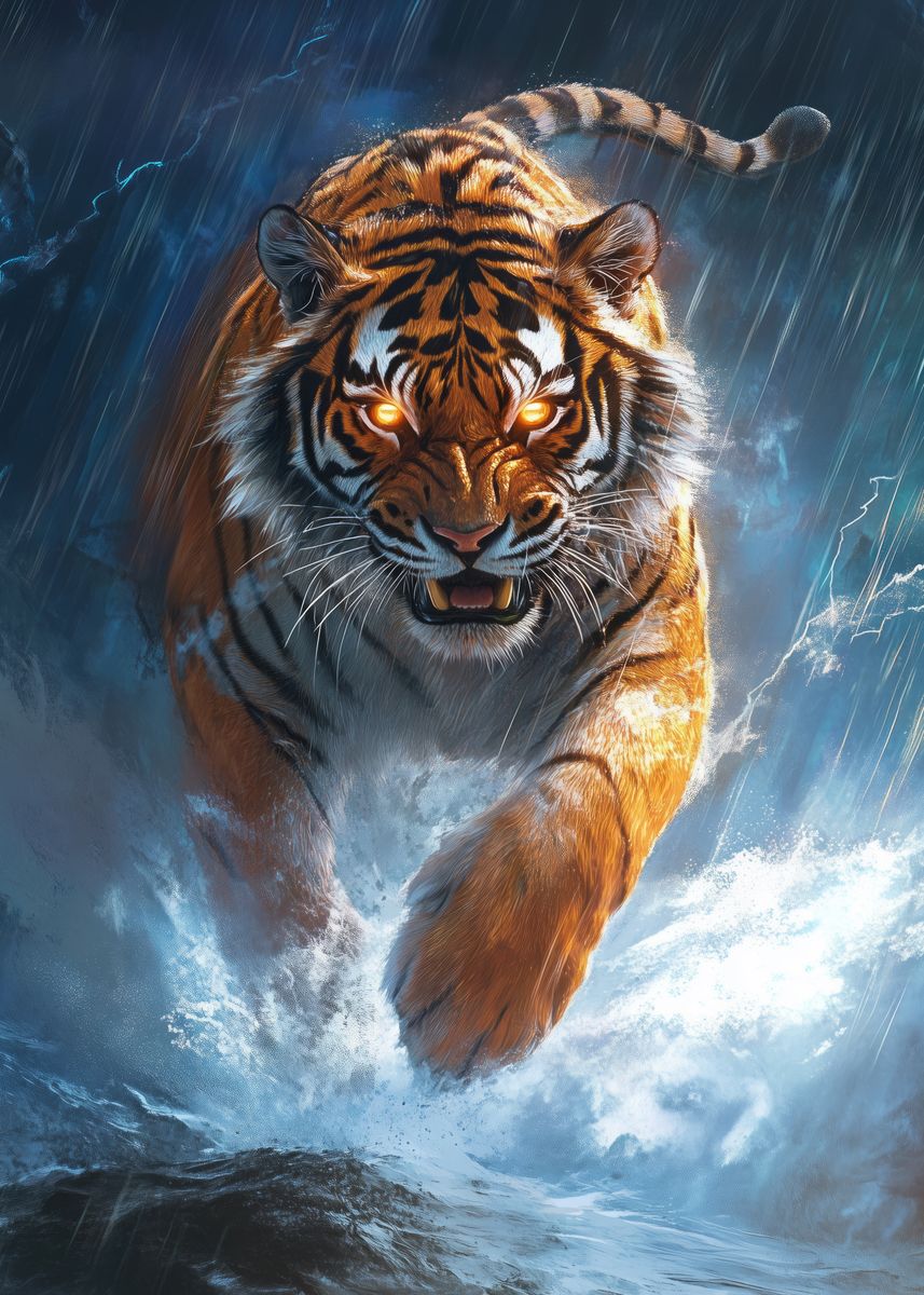 'Tiger in Storm' Poster, picture, metal print, paint by Tesiga | Displate