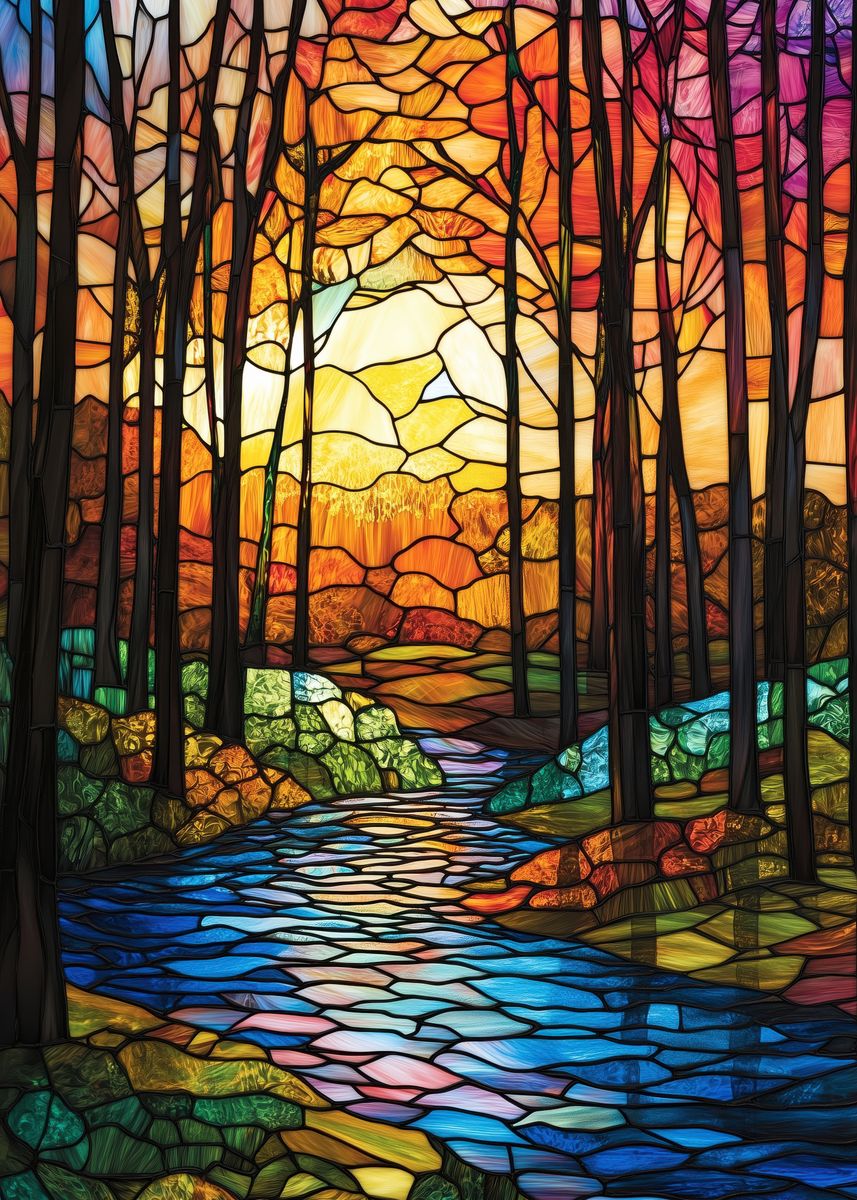 'Stained Glass Forest Stream' Poster, picture, metal print, paint by ...