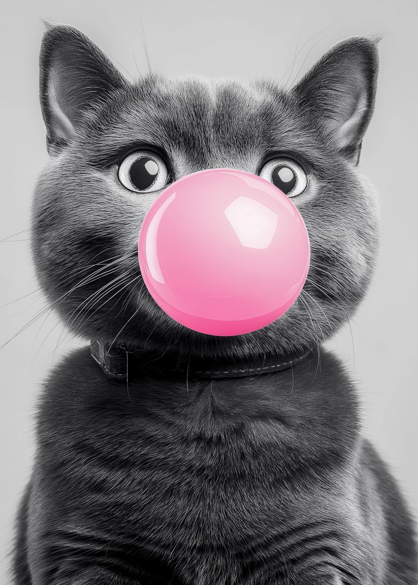 'Cat Blowing Bubble Gum' Poster, picture, metal print, paint by Lorence ...