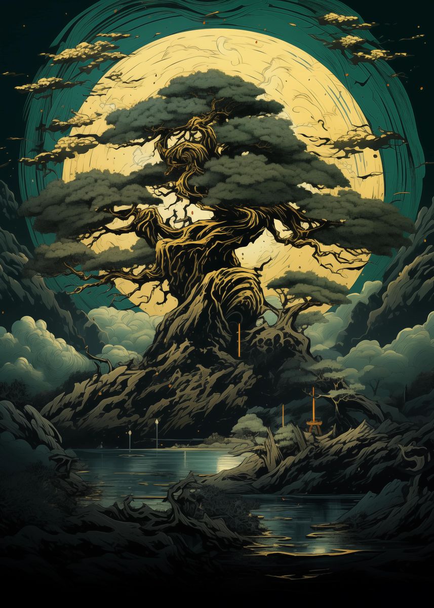 'Ancient Tree Under Moonlight' Poster, picture, metal print, paint by ...