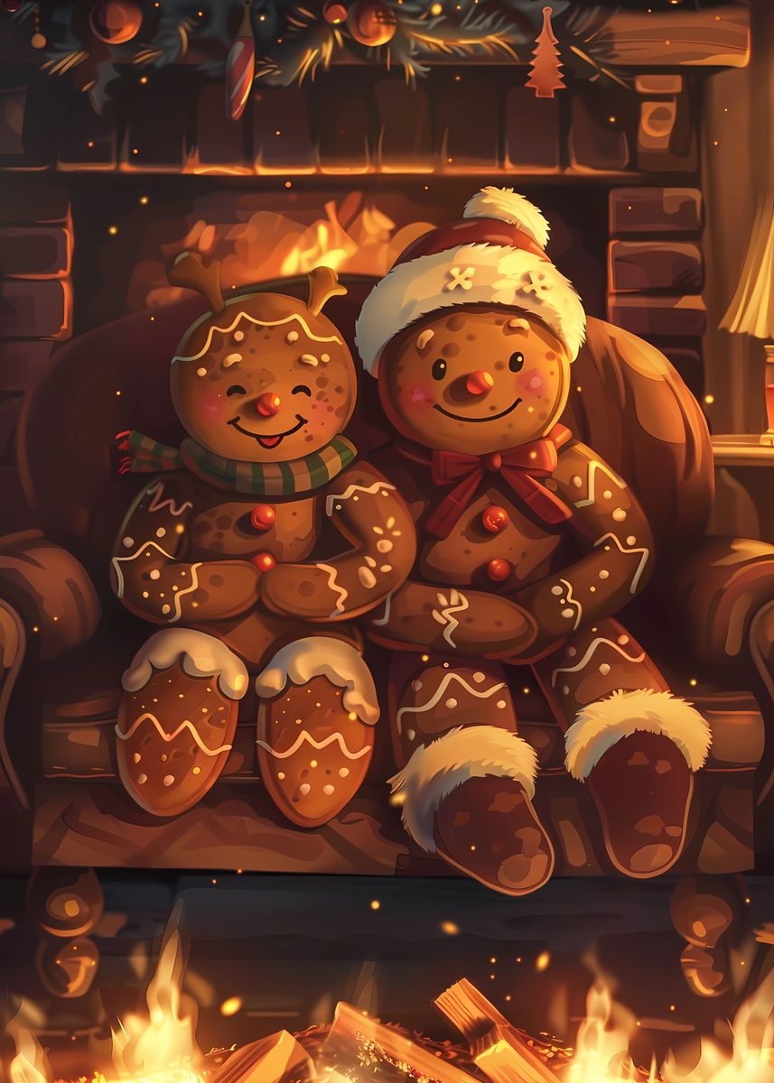'Gingerbread Couple by Fireplace' Poster, picture, metal print, paint ...