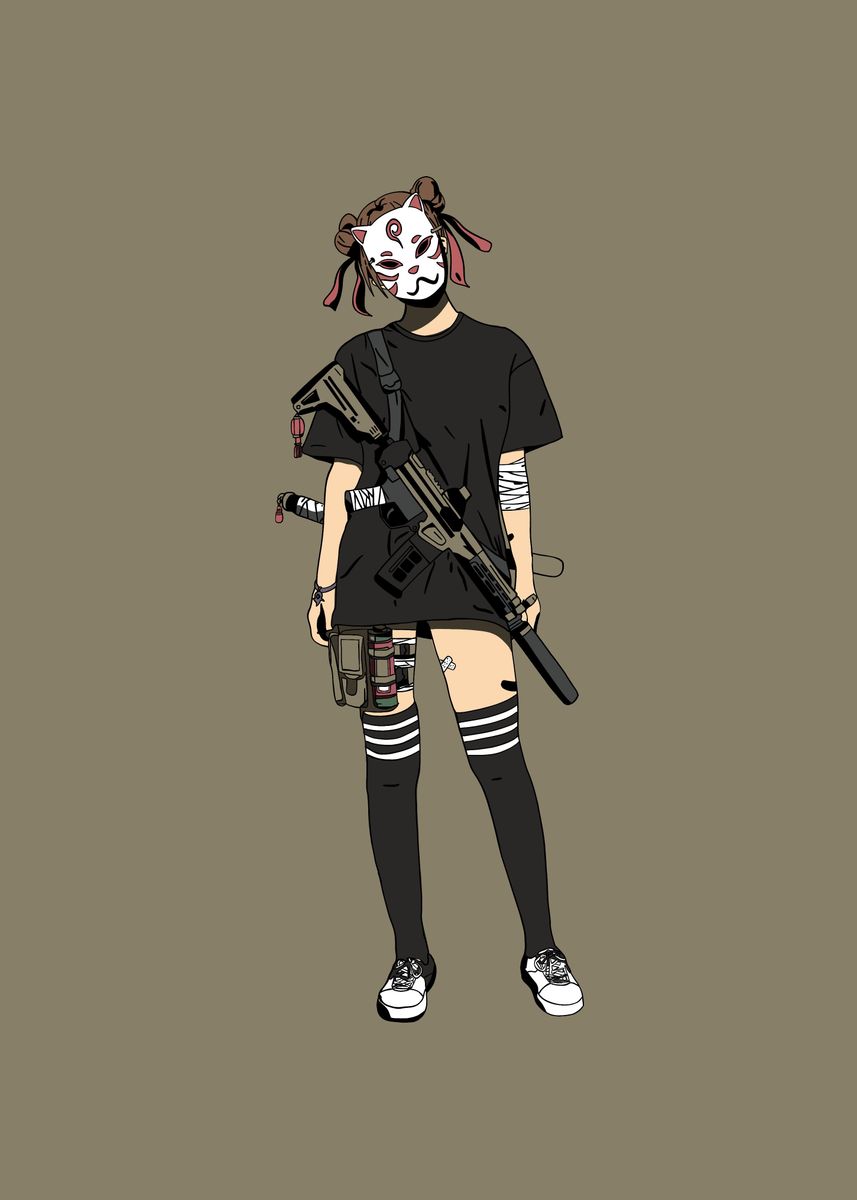 'Anime Girl with Gun and Mask' Poster, picture, metal print, paint by ...