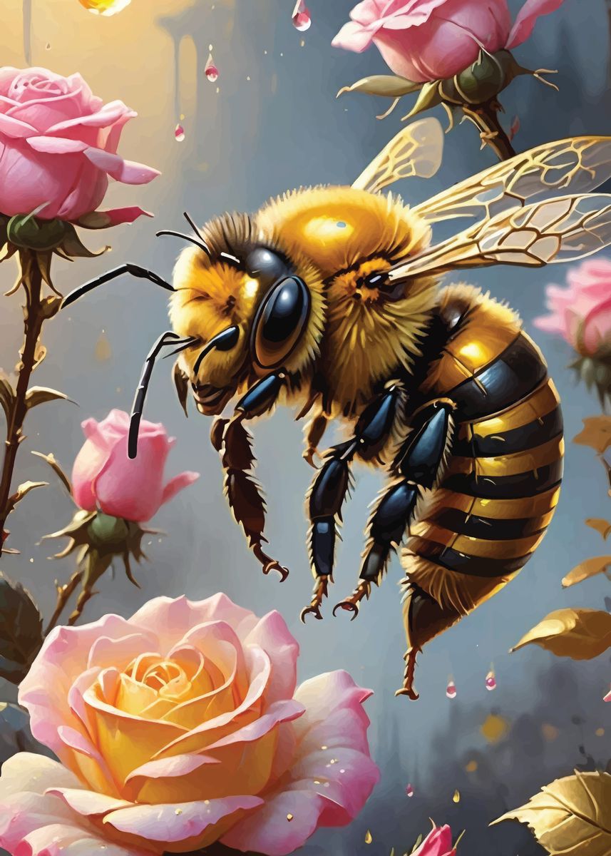 'Bee and Roses' Poster, picture, metal print, paint by ...