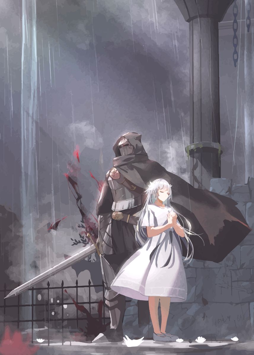'Knight and Girl in Rain' Poster, picture, metal print, paint by ...