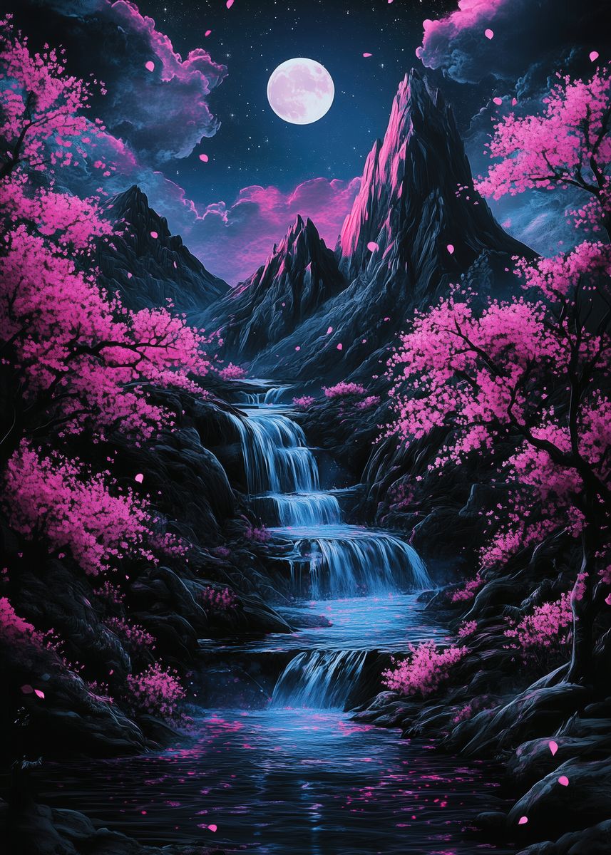 'Moonlit Waterfall' Poster, picture, metal print, paint by sam | Displate