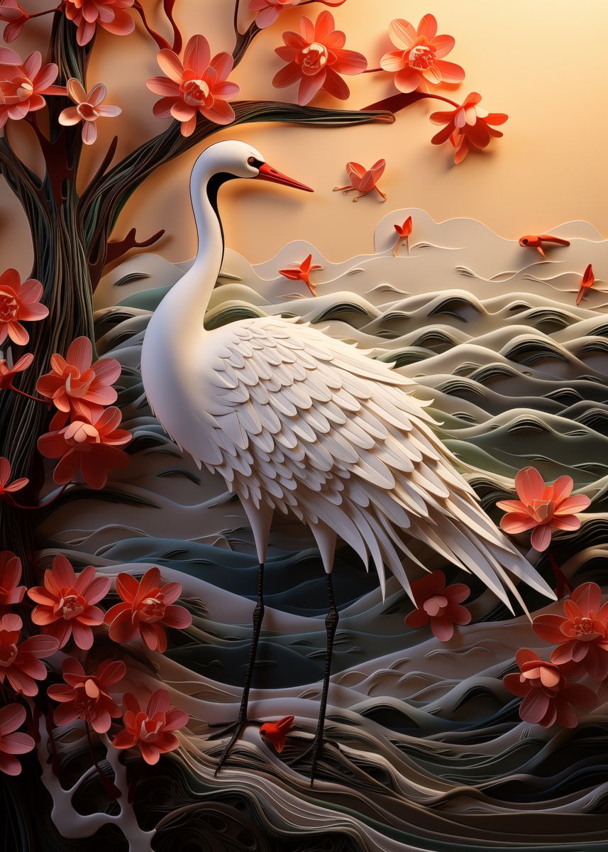 'Paper Crane and Flowers' Poster, picture, metal print, paint by ...