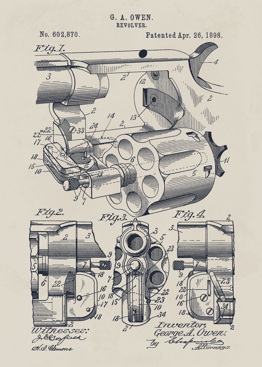 'Revolver Patent Drawing' Poster, picture, metal print, paint by ...