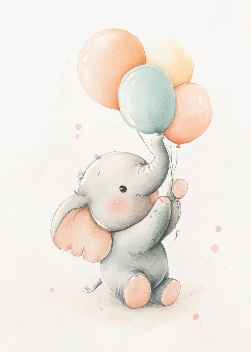 'Cute Elephant with Balloons' Poster, picture, metal print, paint by ...