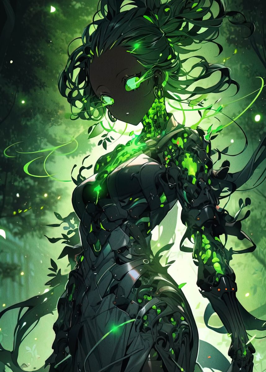 'Green Cyborg Anime Girl' Poster, picture, metal print, paint by Lyon ...