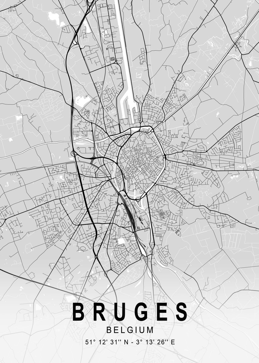 'Bruges Light City Map' Poster, picture, metal print, paint by ...