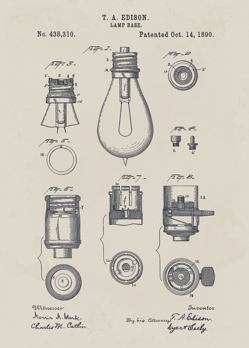 'Edison Lamp Base Patent' Poster, picture, metal print, paint by ...