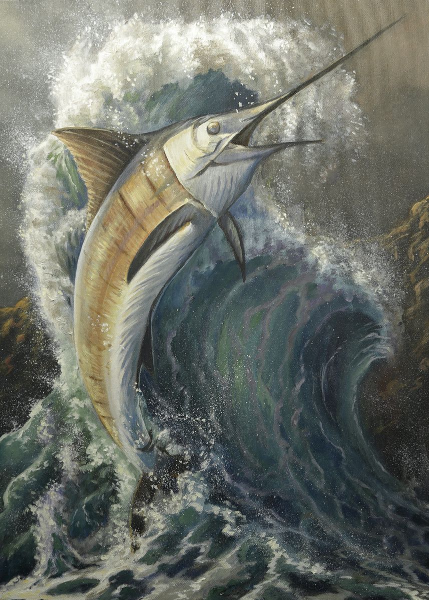 'Marlin leaping from a wave' Poster, picture, metal print, paint by ...