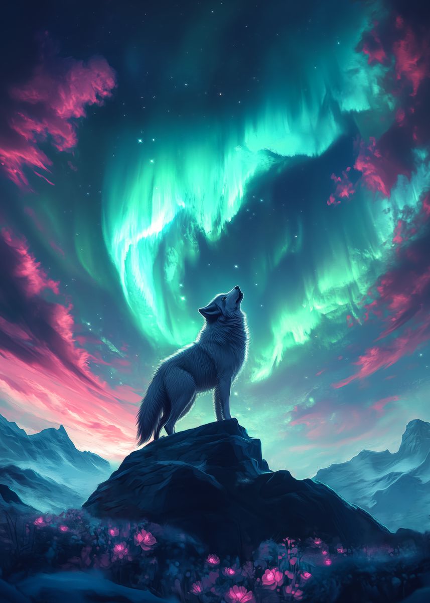 'Wolf howling Under Aurora Borealis' Poster, picture, metal print ...