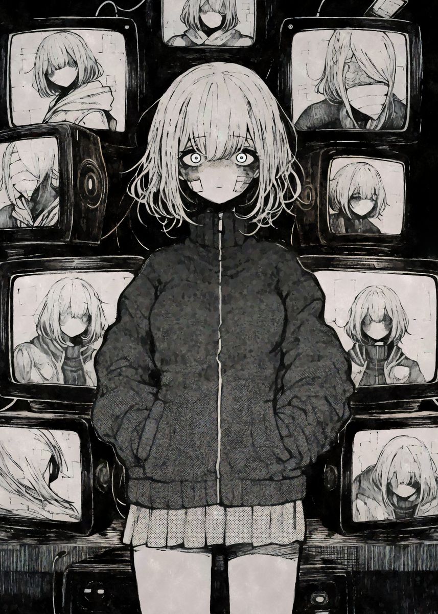 'Anime Girl Surrounded by Screens' Poster, picture, metal print, paint ...