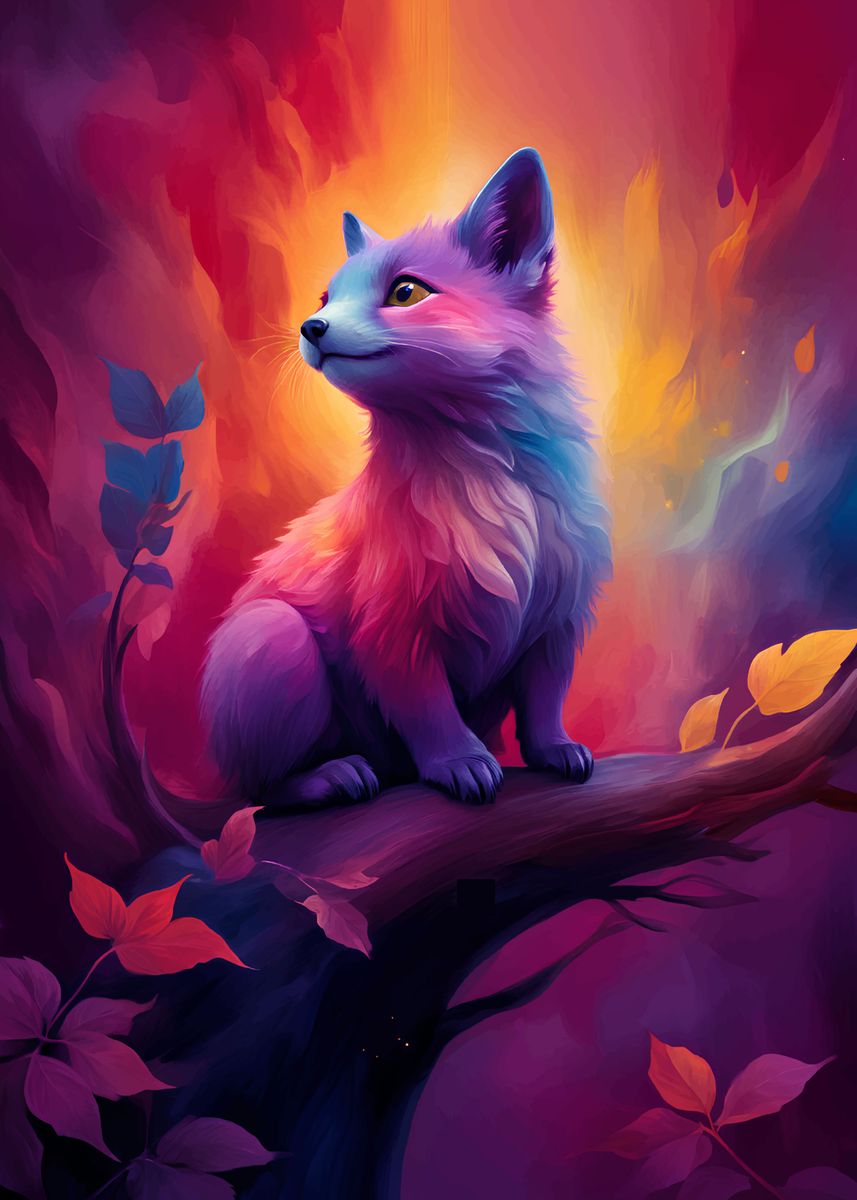 'Rainbow Fox on Branch' Poster, picture, metal print, paint by naka ...