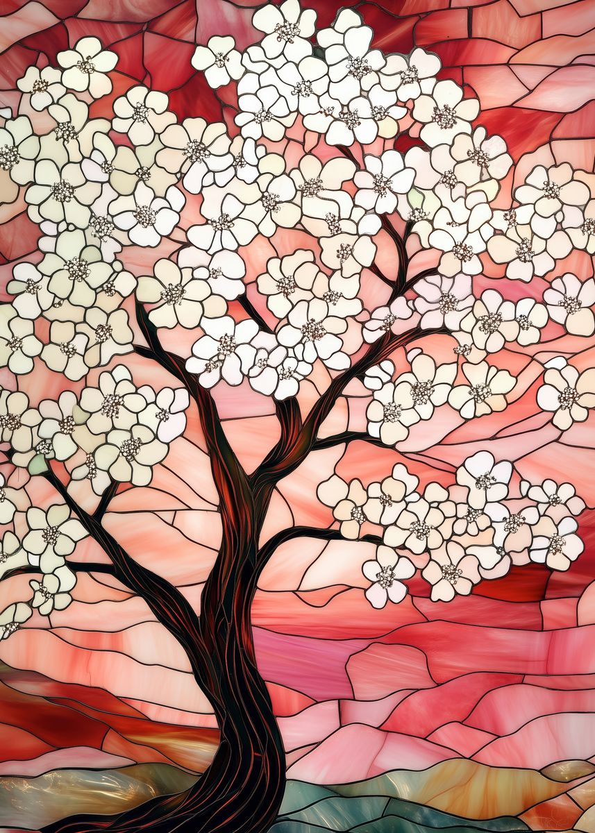 'Stained Glass Cherry Blossom Tree Landscape' Poster, picture, metal ...
