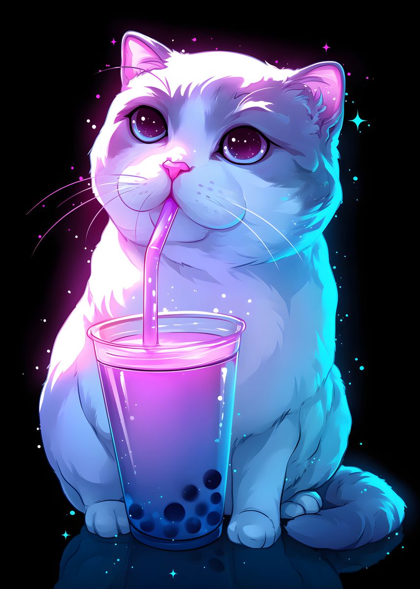 'Cat Drinking Boba Tea' Poster, picture, metal print, paint by ...