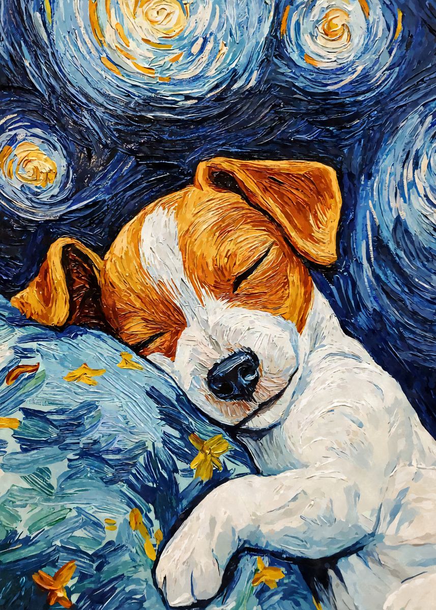 'Sleeping Jack Russel Terrier Starry Night' Poster, picture, metal ...
