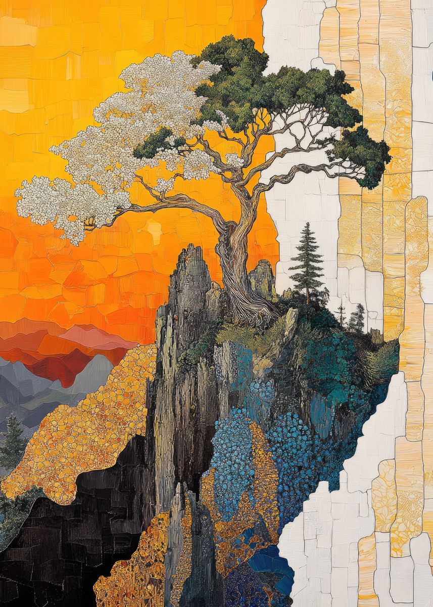 'Tree on Clifftop Abstract Kintsugi Art' Poster, picture, metal print ...