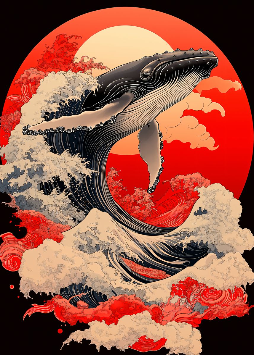 'Whale and Red Sun' Poster, picture, metal print, paint by Eo Designs ...