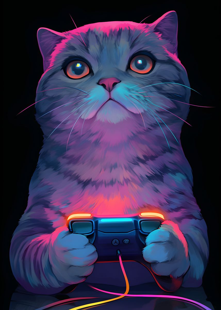 'Gamer Cat' Poster, picture, metal print, paint by Alexander Morales ...
