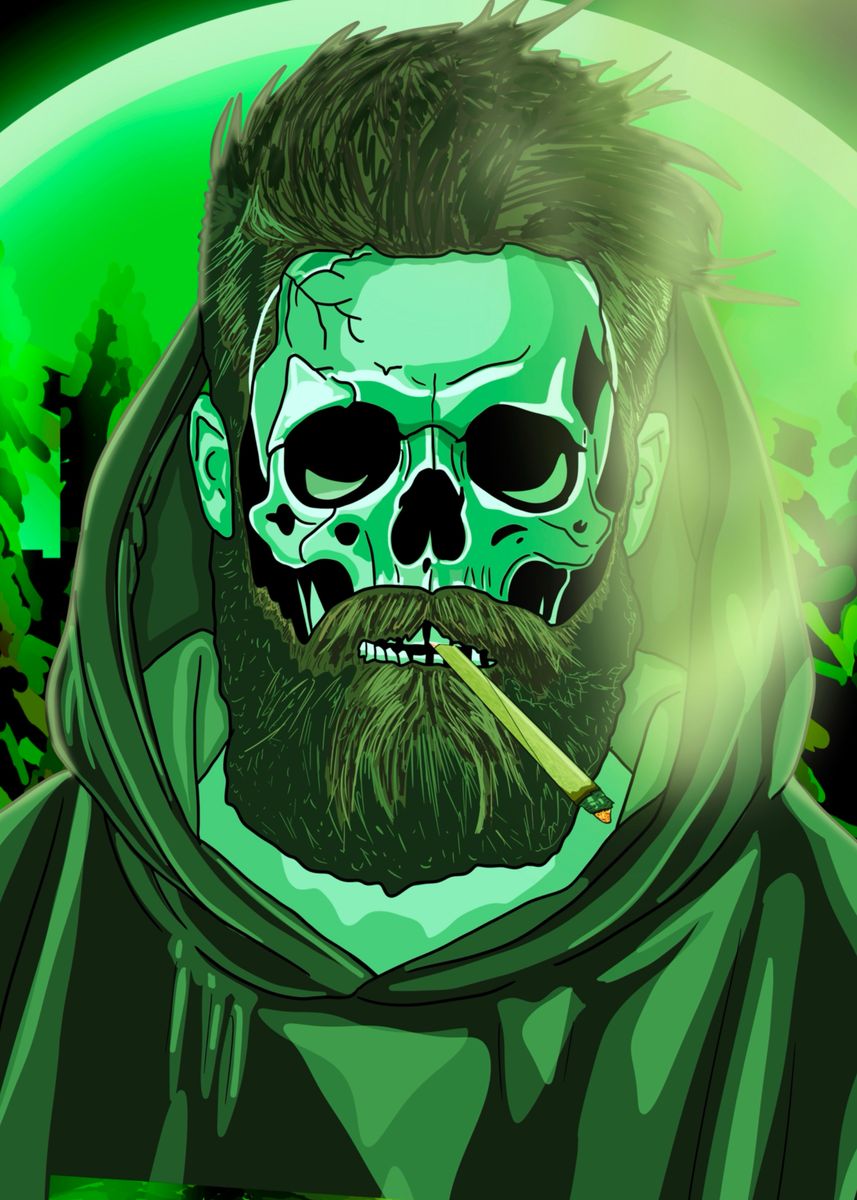 'Green Skull Man smoking a spliff' Poster, picture, metal print, paint ...