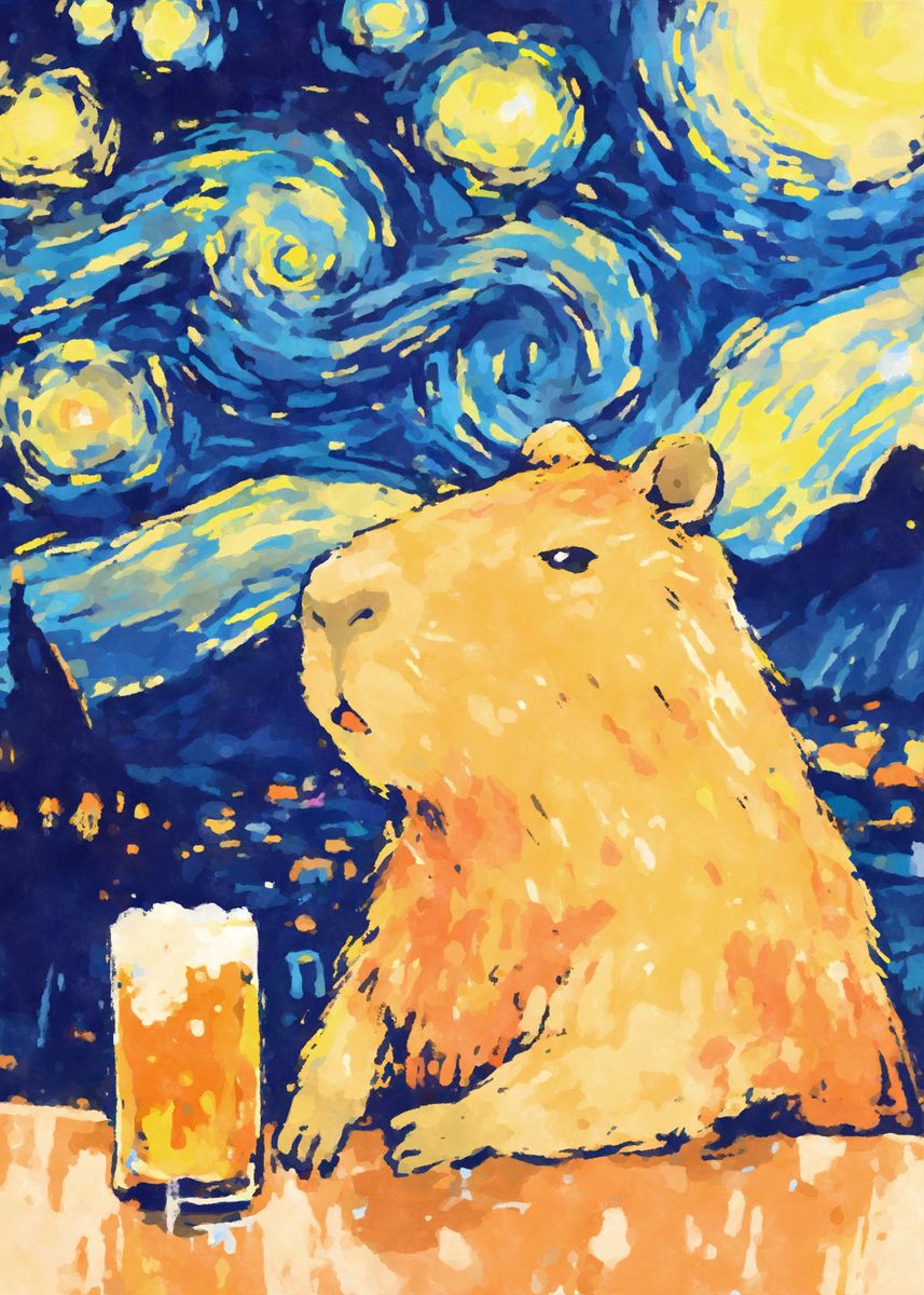 'Funny Capybara Beer Starry Night' Poster, picture, metal print, paint ...