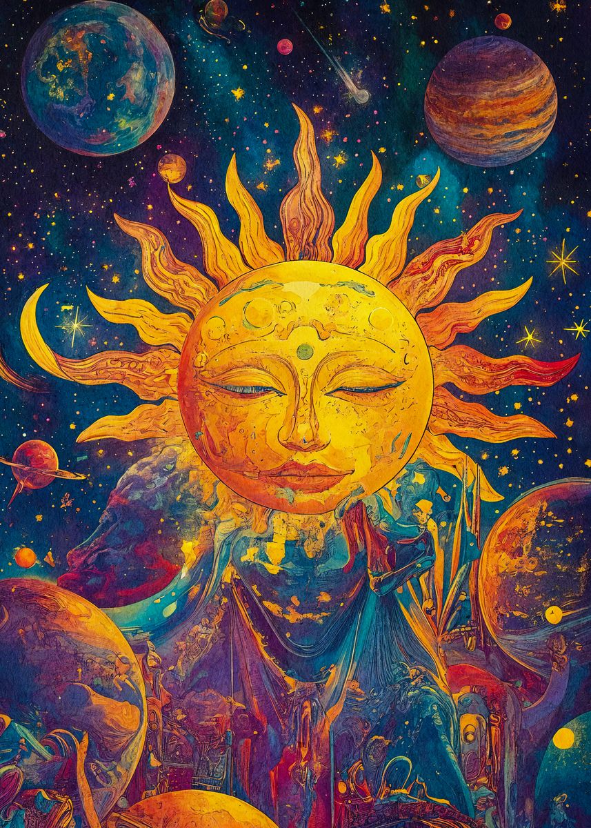 'Cosmic Sun Face' Poster, picture, metal print, paint by Ria Juarez ...