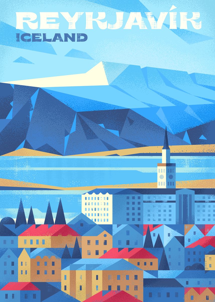 'Reykjavik Iceland Cityscape' Poster, picture, metal print, paint by Sam Kal | Displate