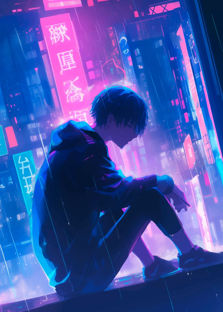 'Anime Boy in Neon City' Poster, picture, metal print, paint by haloma ...