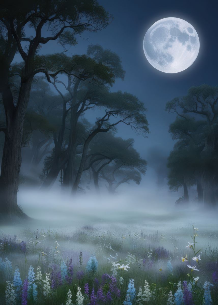 'Moonlit Forest Clearing' Poster, picture, metal print, paint by ...
