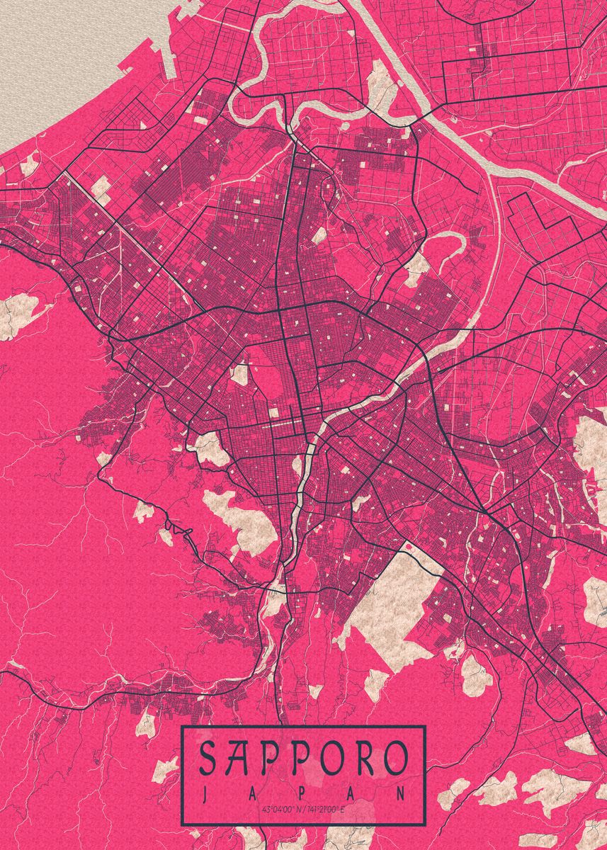 'Sapporo City Map Japan Blossom' Poster, picture, metal print, paint by ...