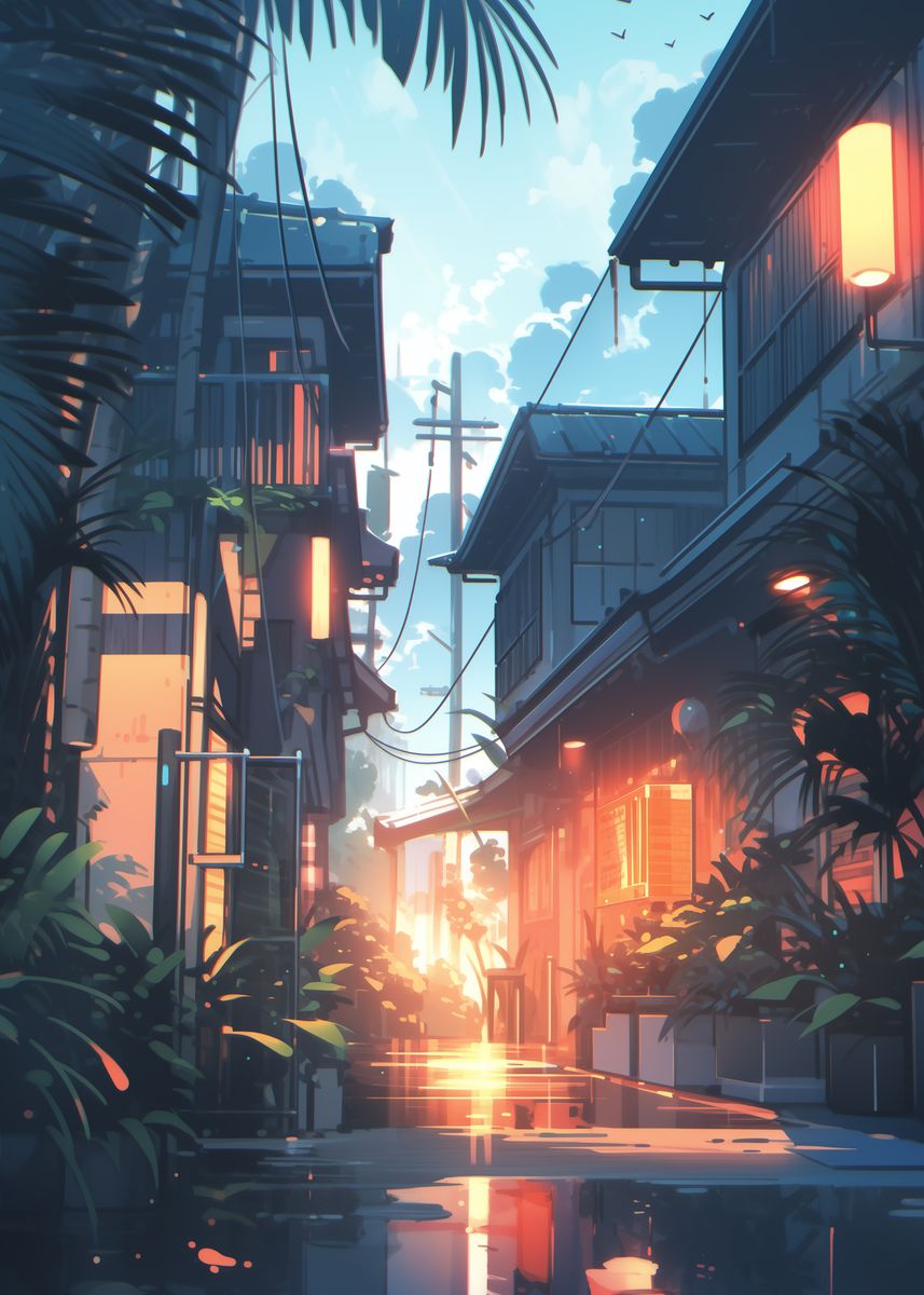 'Japanese Alleyway Sunset' Poster, picture, metal print, paint by ...