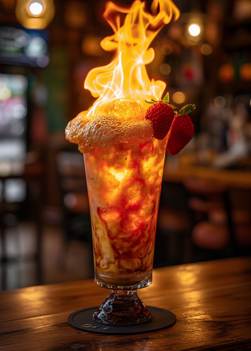 'Flaming Cocktail with Strawberries' Poster, picture, metal print ...