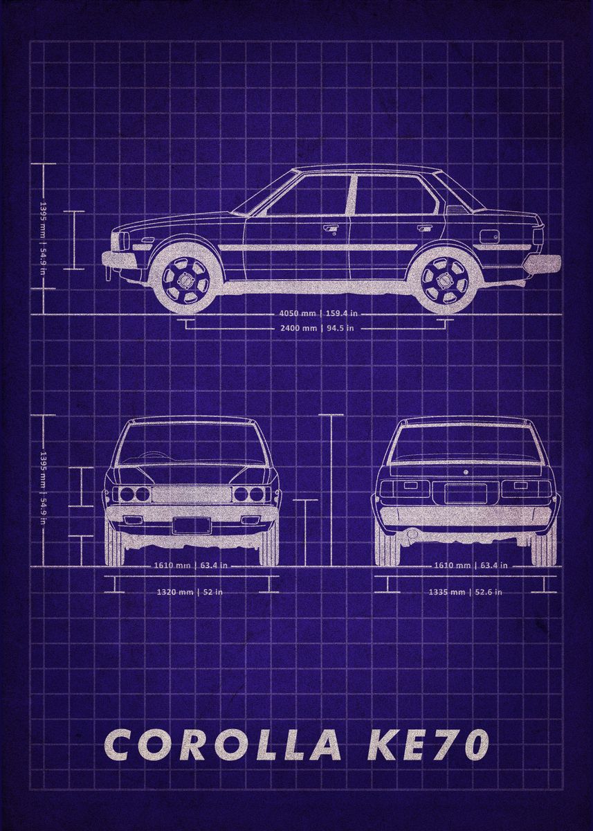 'Toyota Corolla KE70 Blueprint' Poster, picture, metal print, paint by ...