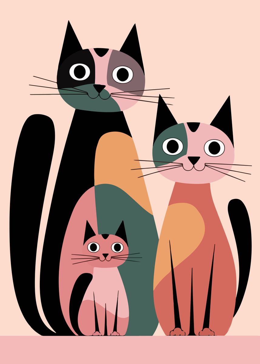 'Three Cats Illustration' Poster, picture, metal print, paint by ...