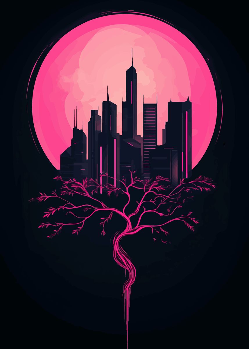 'Lunarpunk Pink Cityscape with Tree' Poster, picture, metal print ...
