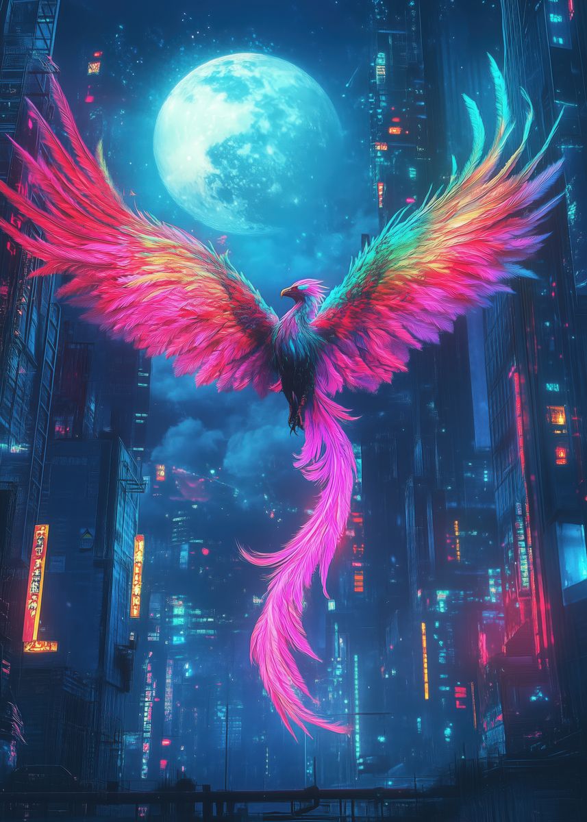 'Phoenix in Neon City' Poster, picture, metal print, paint by ...
