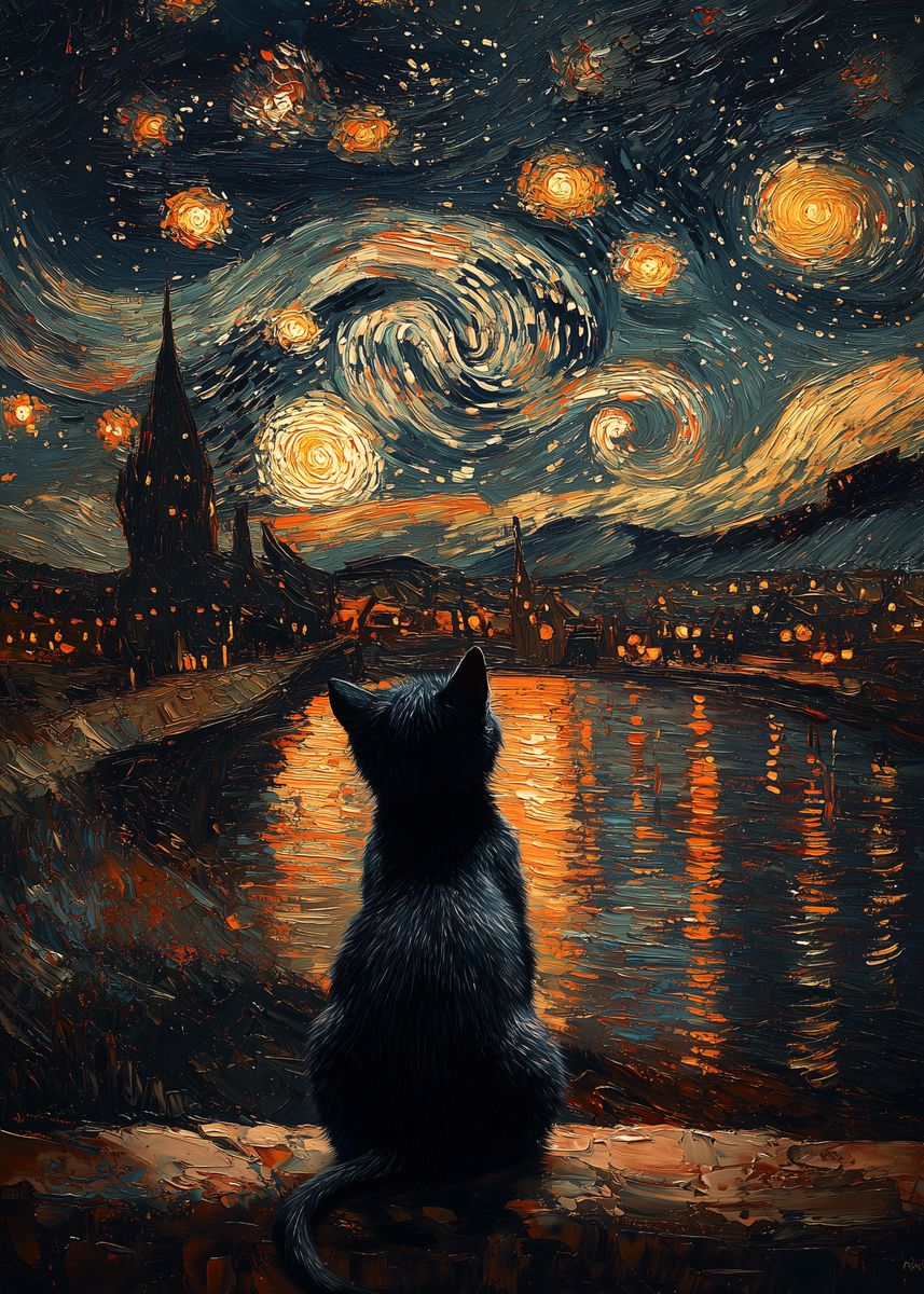 'Starry Night Cat' Poster, picture, metal print, paint by ...
