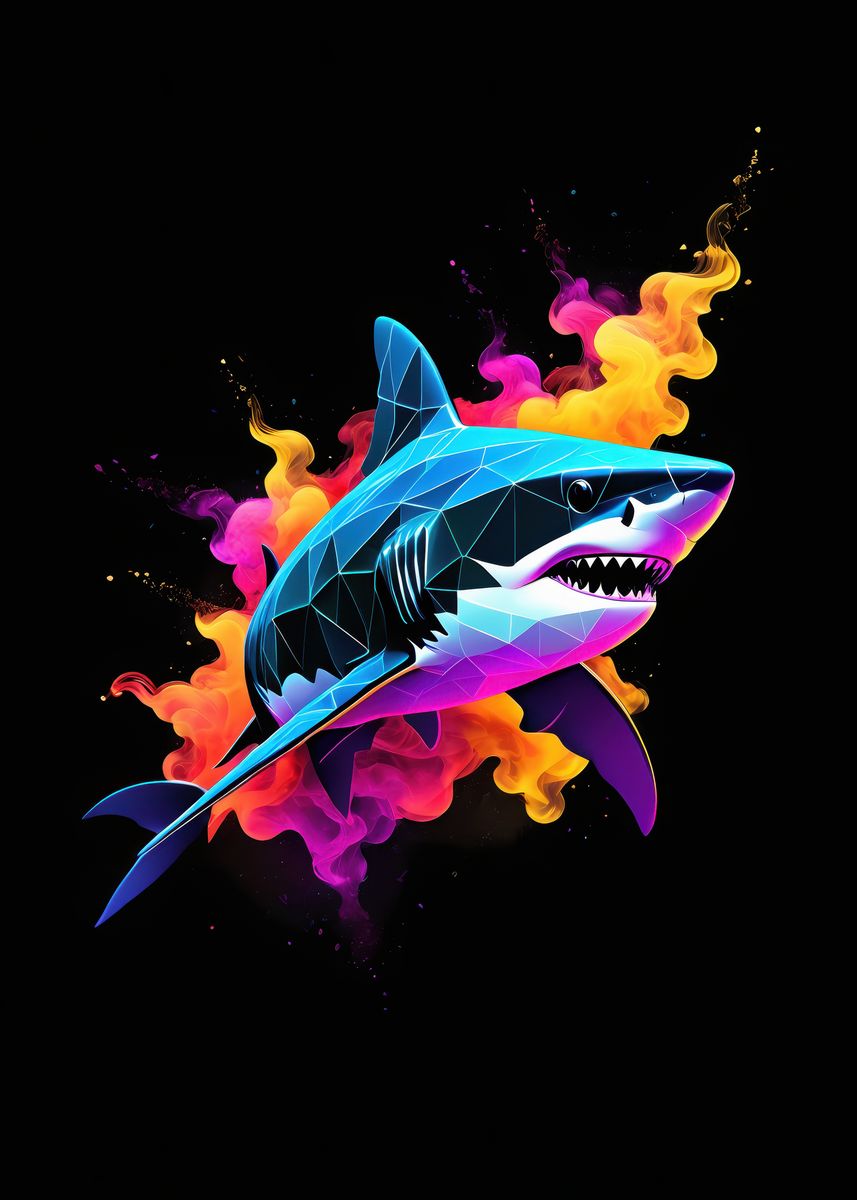 'Shark in Neon Flames' Poster, picture, metal print, paint by ...