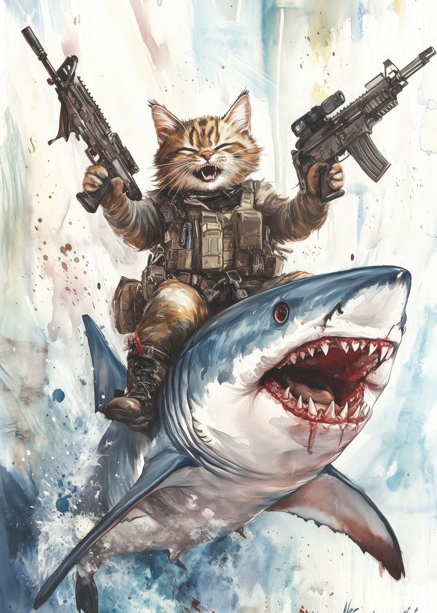 'Cat Riding Shark with Guns' Poster, picture, metal print, paint by ...